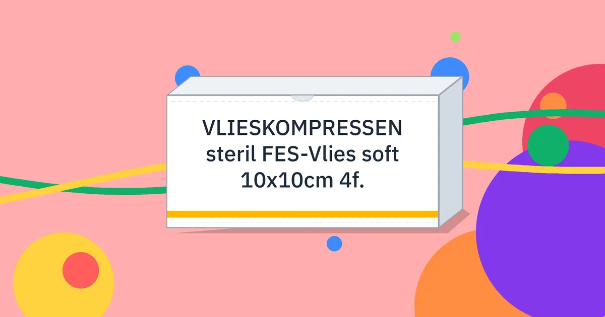 Symbolbild: Packung mit der Aufschrift VLIESKOMPRESSEN steril FES-Vlies soft 10x10cm 4f. (PZN 19799388) – Verfügbarkeit und Bezug in Apotheken in Frankfurt am Main