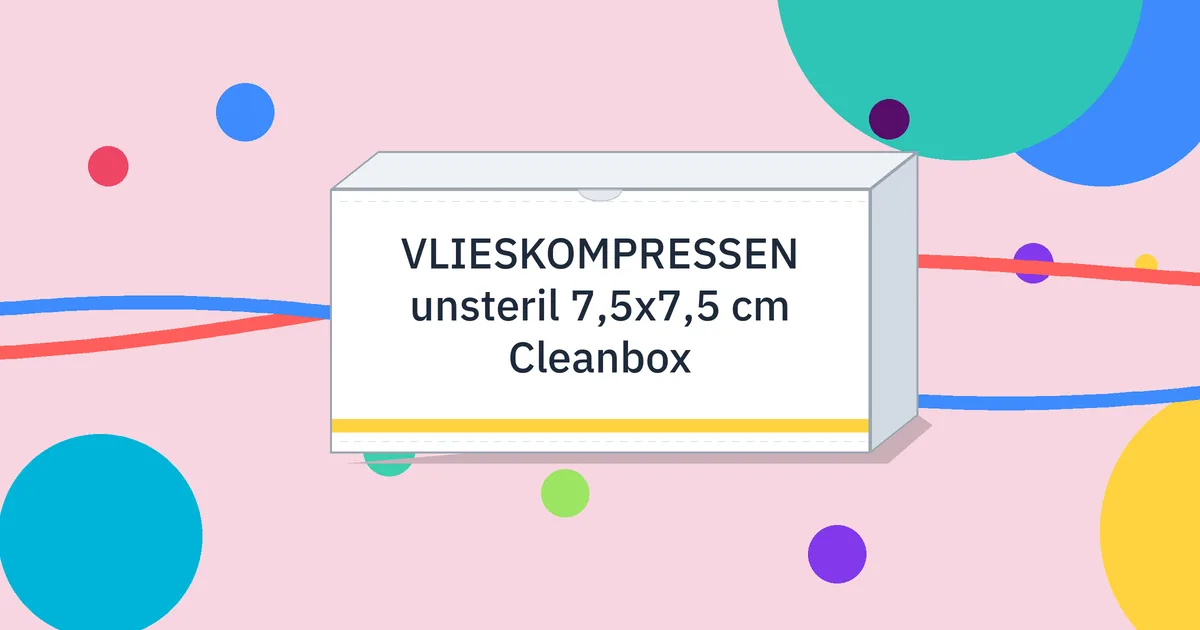 Symbolbild: Packung mit der Aufschrift VLIESKOMPRESSEN unsteril 7,5x7,5 cm Cleanbox (PZN 17562216) – Verfügbarkeit und Bezug in Apotheken in Frankfurt am Main