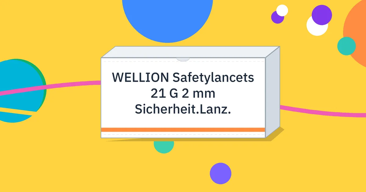 Symbolbild: Packung mit der Aufschrift WELLION Safetylancets 21 G 2 mm Sicherheit.Lanz. (PZN 00866277) – Verfügbarkeit und Bezug in Apotheken in Frankfurt am Main