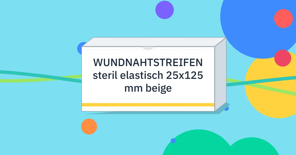 Symbolbild: Packung mit der Aufschrift WUNDNAHTSTREIFEN steril elastisch 25x125 mm beige (PZN 20100927) – Verfügbarkeit und Bezug in Apotheken in Frankfurt am Main