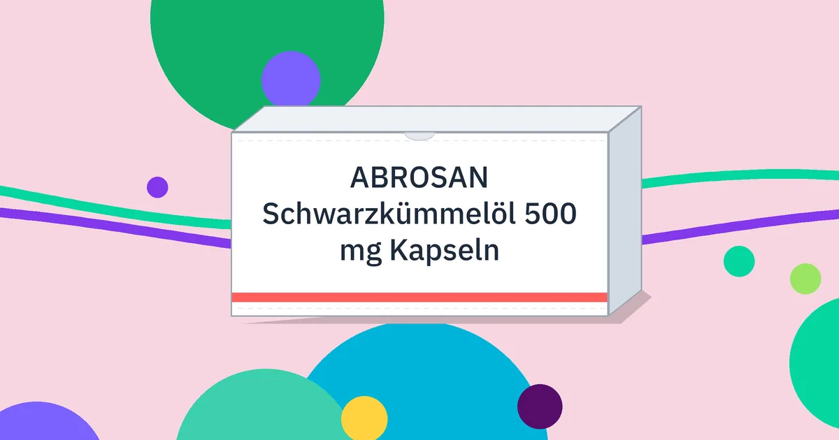Symbolbild: Packung mit der Aufschrift ABROSAN Schwarzkümmelöl 500 mg Kapseln (PZN 10308822) – Verfügbarkeit und Bezug in Apotheken in Frankfurt am Main