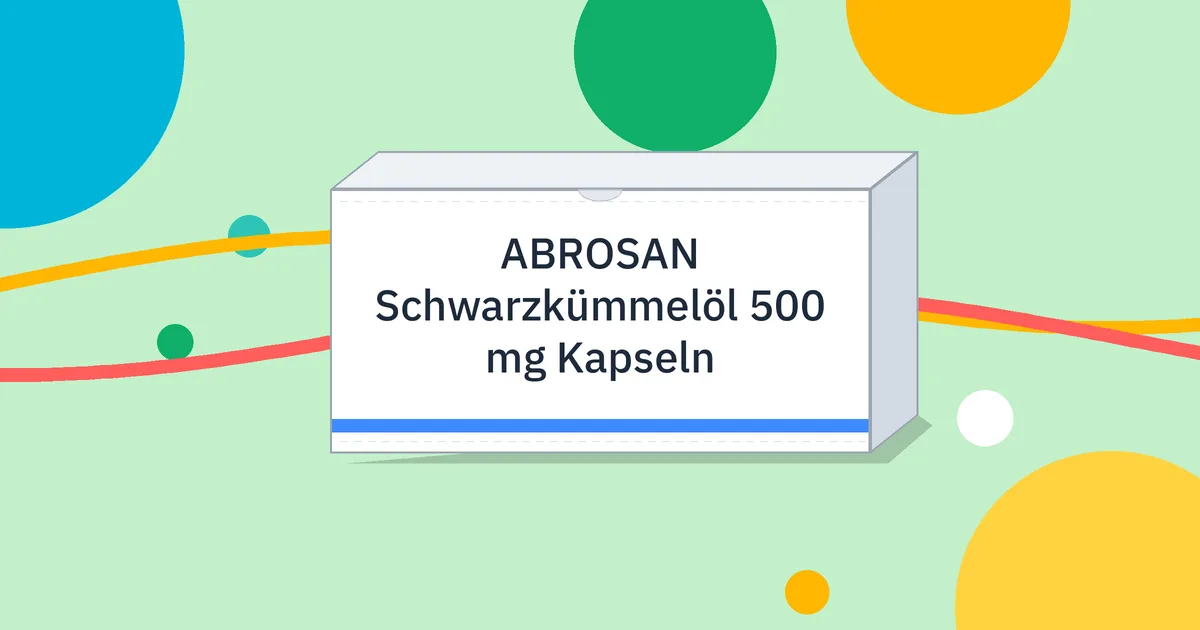 Symbolbild: Packung mit der Aufschrift ABROSAN Schwarzkümmelöl 500 mg Kapseln (PZN 10308791) – Verfügbarkeit und Bezug in Apotheken in Frankfurt am Main