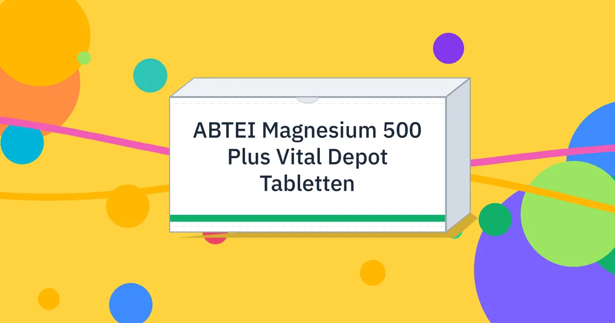 Symbolbild: Packung mit der Aufschrift ABTEI Magnesium 500 Plus Vital Depot Tabletten (PZN 17908347) – Verfügbarkeit und Bezug in Apotheken in Frankfurt am Main