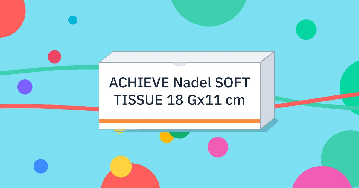 Symbolbild: Packung mit der Aufschrift ACHIEVE Nadel SOFT TISSUE 18 Gx11 cm (PZN 18763477) – Verfügbarkeit und Bezug in Apotheken in Frankfurt am Main