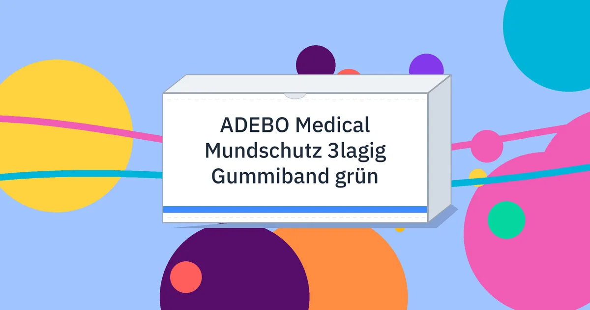 Symbolbild: Packung mit der Aufschrift ADEBO Medical Mundschutz 3lagig Gummiband grün (PZN 12893552) – Verfügbarkeit und Bezug in Apotheken in Frankfurt am Main