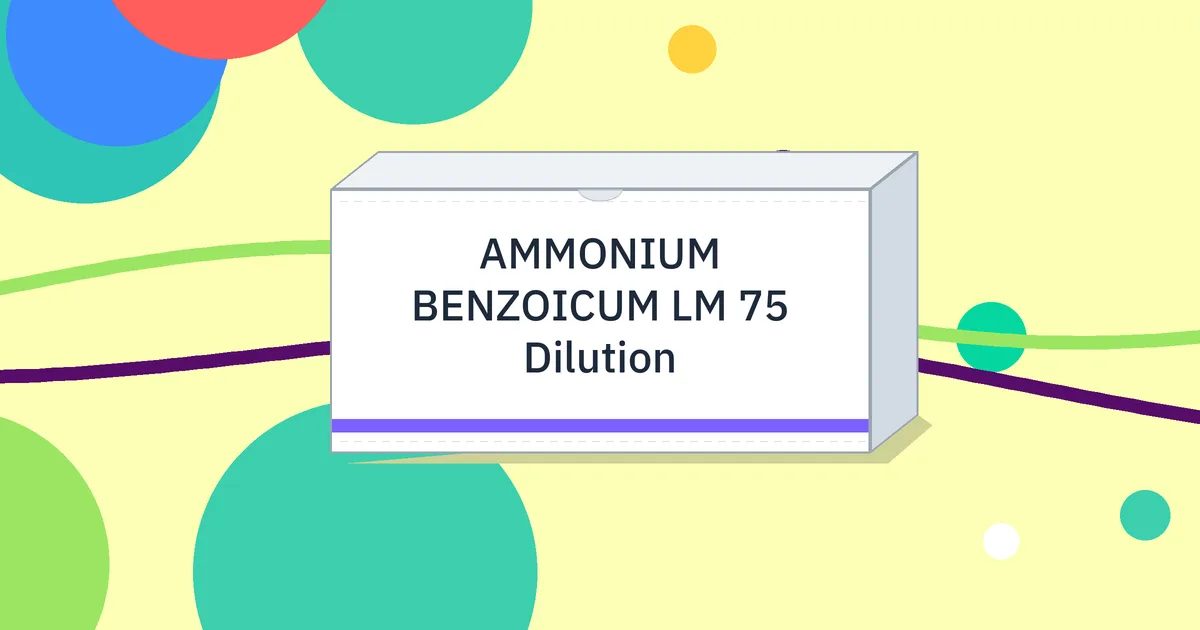 Symbolbild: Packung mit der Aufschrift AMMONIUM BENZOICUM LM 75 Dilution (PZN 13320189) – Verfügbarkeit und Bezug in Apotheken in Frankfurt am Main