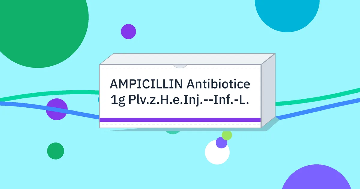 Symbolbild: Packung mit der Aufschrift AMPICILLIN Antibiotice 1g Plv.z.H.e.Inj.--Inf.-L. (PZN 19972964) – Verfügbarkeit und Bezug in Apotheken in Frankfurt am Main