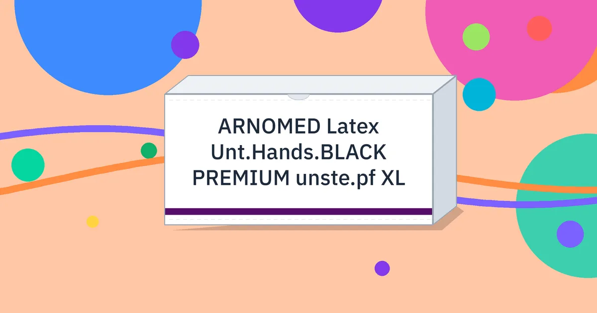 Symbolbild: Packung mit der Aufschrift ARNOMED Latex Unt.Hands.BLACK PREMIUM unste.pf XL (PZN 18107738) – Verfügbarkeit und Bezug in Apotheken in Frankfurt am Main