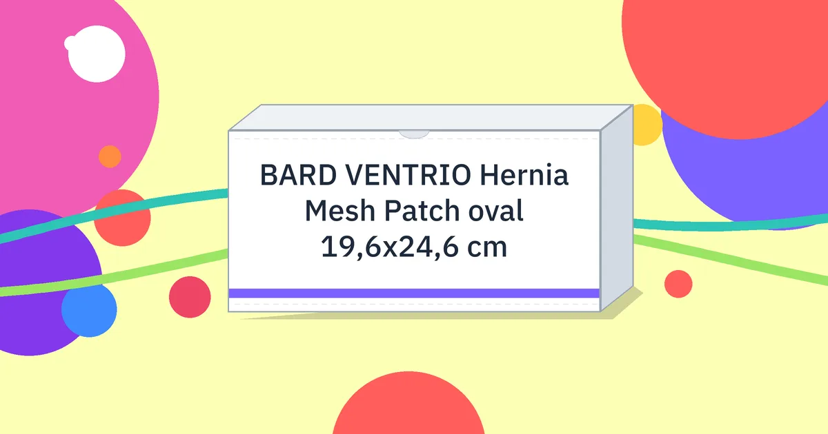 Symbolbild: Packung mit der Aufschrift BARD VENTRIO Hernia Mesh Patch oval 19,6x24,6 cm (PZN 07783011) – Verfügbarkeit und Bezug in Apotheken in Frankfurt am Main