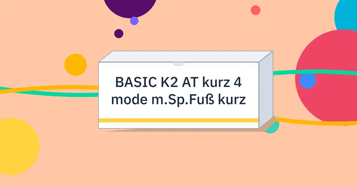 Symbolbild: Packung mit der Aufschrift BASIC K2 AT kurz 4 mode m.Sp.Fuß kurz (PZN 20269514) – Verfügbarkeit und Bezug in Apotheken in Frankfurt am Main
