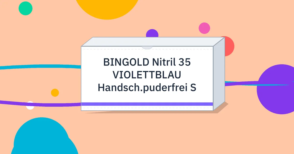Symbolbild: Packung mit der Aufschrift BINGOLD Nitril 35 VIOLETTBLAU Handsch.puderfrei S (PZN 19095345) – Verfügbarkeit und Bezug in Apotheken in Frankfurt am Main