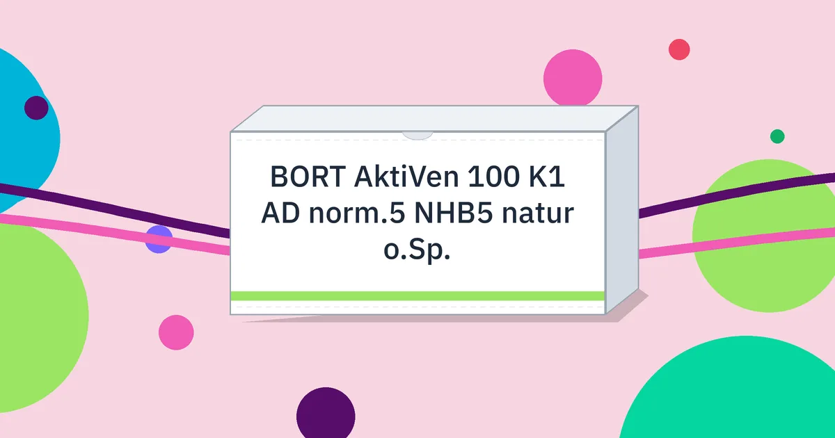 Symbolbild: Packung mit der Aufschrift BORT AktiVen 100 K1 AD norm.5 NHB5 natur o.Sp. (PZN 17493478) – Verfügbarkeit und Bezug in Apotheken in Frankfurt am Main