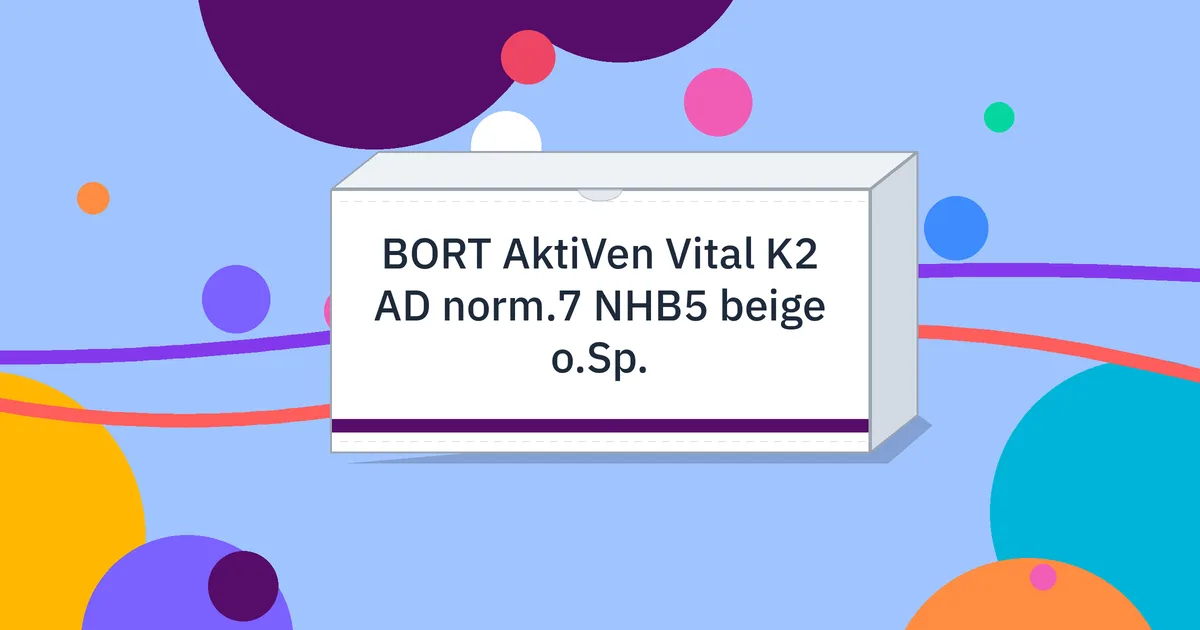 Symbolbild: Packung mit der Aufschrift BORT AktiVen Vital K2 AD norm.7 NHB5 beige o.Sp. (PZN 17494153) – Verfügbarkeit und Bezug in Apotheken in Frankfurt am Main