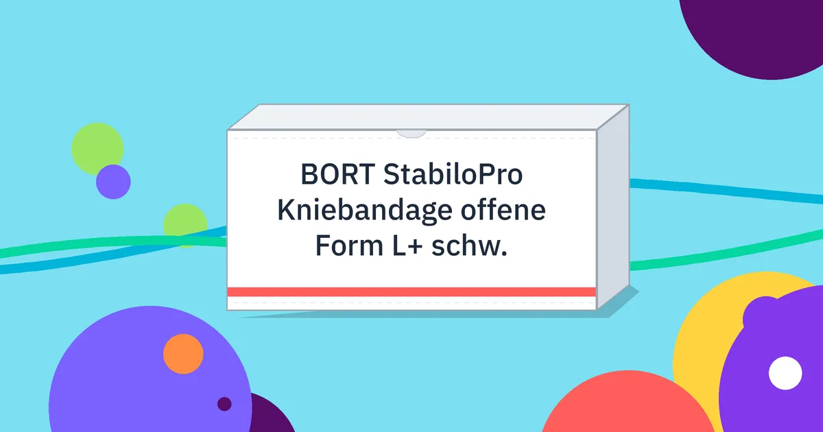 Symbolbild: Packung mit der Aufschrift BORT StabiloPro Kniebandage offene Form L+ schw. (PZN 06084274) – Verfügbarkeit und Bezug in Apotheken in Frankfurt am Main
