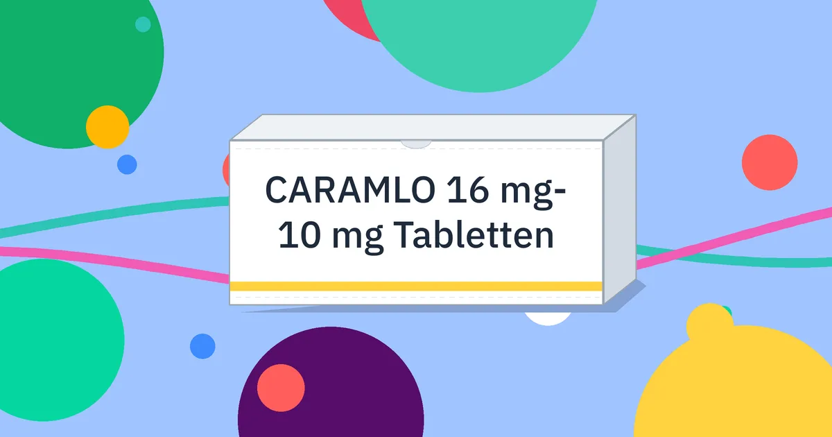 Symbolbild: Packung mit der Aufschrift CARAMLO 16 mg-10 mg Tabletten (PZN 19357762) – Verfügbarkeit und Bezug in Apotheken in Frankfurt am Main