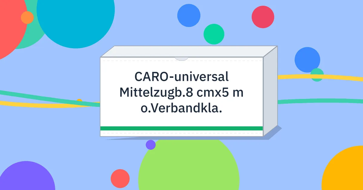Symbolbild: Packung mit der Aufschrift CARO-universal Mittelzugb.8 cmx5 m o.Verbandkla. (PZN 11670850) – Verfügbarkeit und Bezug in Apotheken in Frankfurt am Main