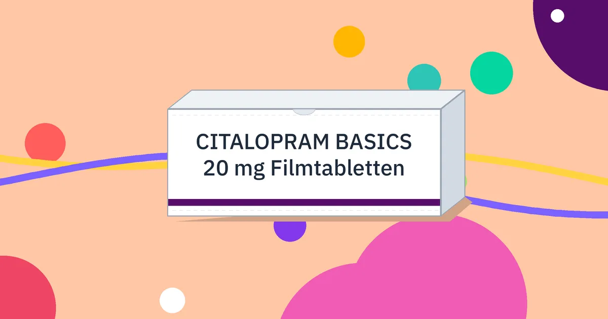 Symbolbild: Packung mit der Aufschrift CITALOPRAM BASICS 20 mg Filmtabletten (PZN 04082124) – Verfügbarkeit und Bezug in Apotheken in Frankfurt am Main