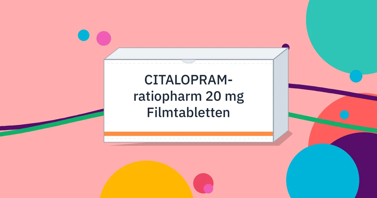 Symbolbild: Packung mit der Aufschrift CITALOPRAM-ratiopharm 20 mg Filmtabletten (PZN 01409464) – Verfügbarkeit und Bezug in Apotheken in Frankfurt am Main