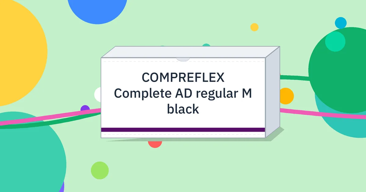 Symbolbild: Packung mit der Aufschrift COMPREFLEX Complete AD regular M black (PZN 19535270) – Verfügbarkeit und Bezug in Apotheken in Frankfurt am Main