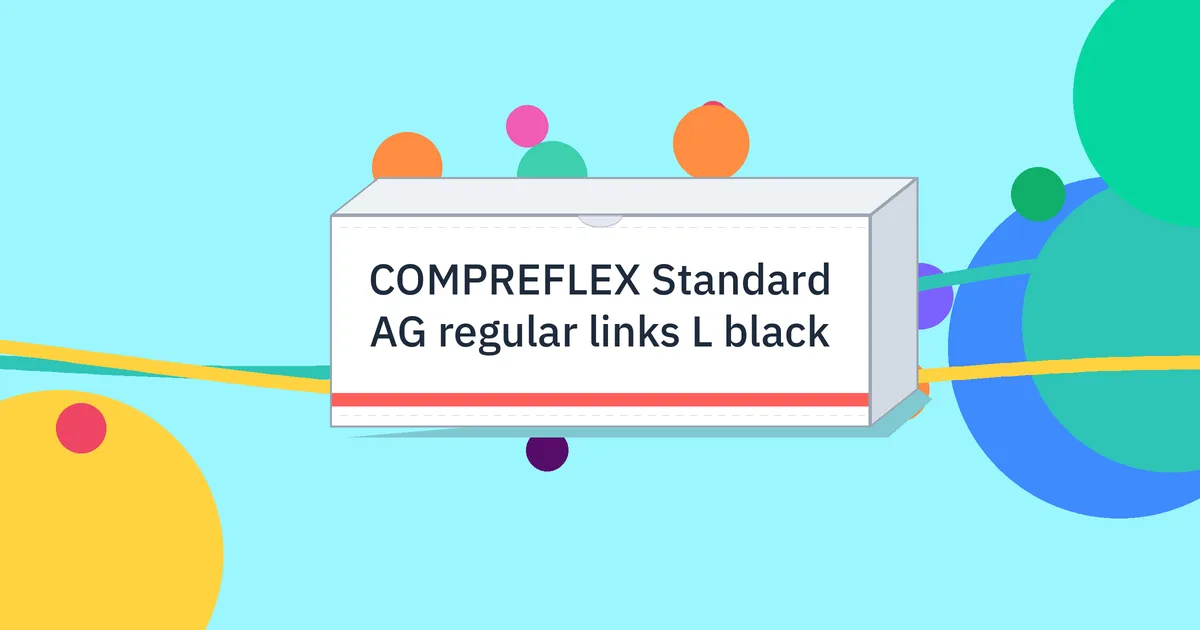 Symbolbild: Packung mit der Aufschrift COMPREFLEX Standard AG regular links L black (PZN 19534313) – Verfügbarkeit und Bezug in Apotheken in Frankfurt am Main