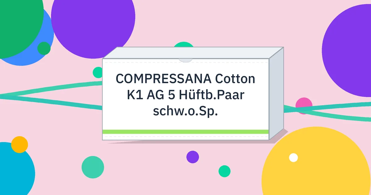 Symbolbild: Packung mit der Aufschrift COMPRESSANA Cotton K1 AG 5 Hüftb.Paar schw.o.Sp. (PZN 12980759) – Verfügbarkeit und Bezug in Apotheken in Frankfurt am Main