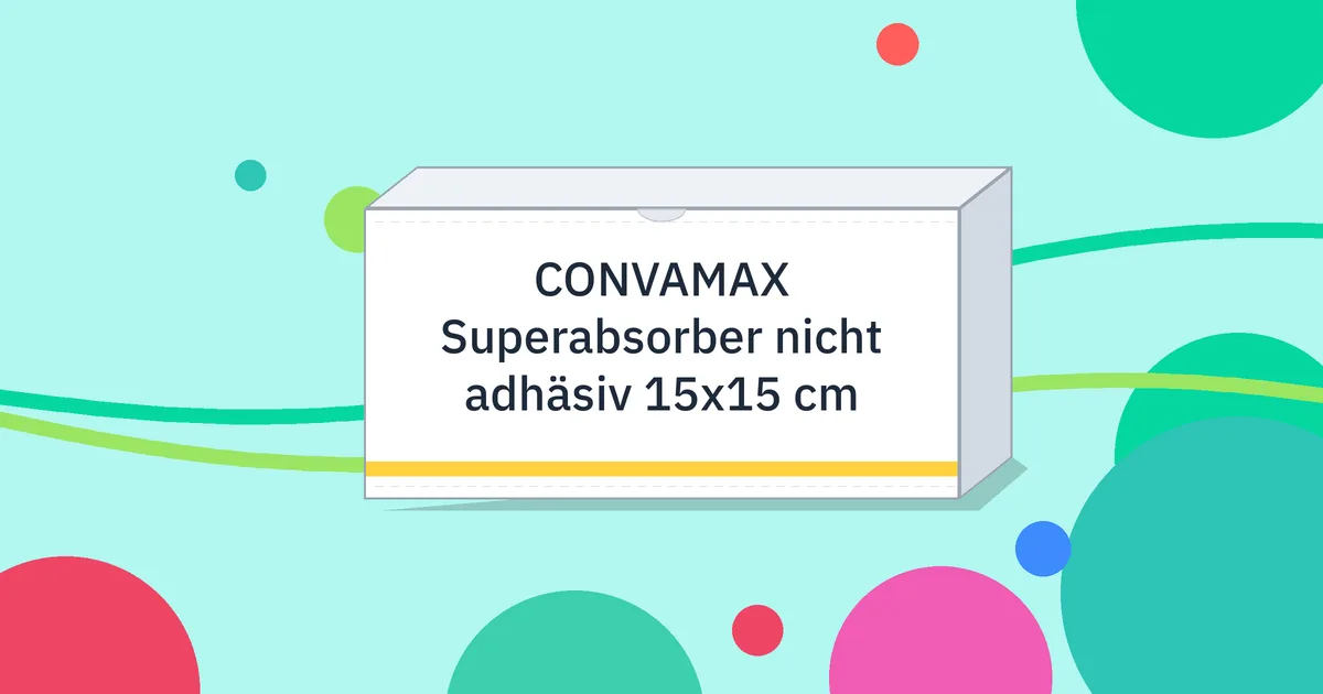 Symbolbild: Packung mit der Aufschrift CONVAMAX Superabsorber nicht adhäsiv 15x15 cm (PZN 20179610) – Verfügbarkeit und Bezug in Apotheken in Frankfurt am Main