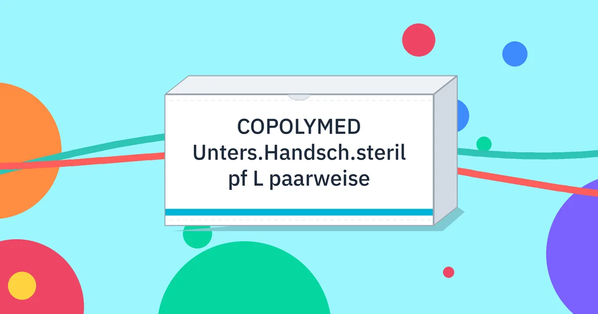 Symbolbild: Packung mit der Aufschrift COPOLYMED Unters.Handsch.steril pf L paarweise (PZN 13708657) – Verfügbarkeit und Bezug in Apotheken in Frankfurt am Main