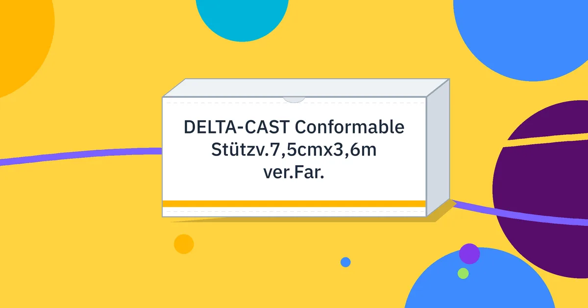 Symbolbild: Packung mit der Aufschrift DELTA-CAST Conformable Stützv.7,5cmx3,6m ver.Far. (PZN 11330315) – Verfügbarkeit und Bezug in Apotheken in Frankfurt am Main