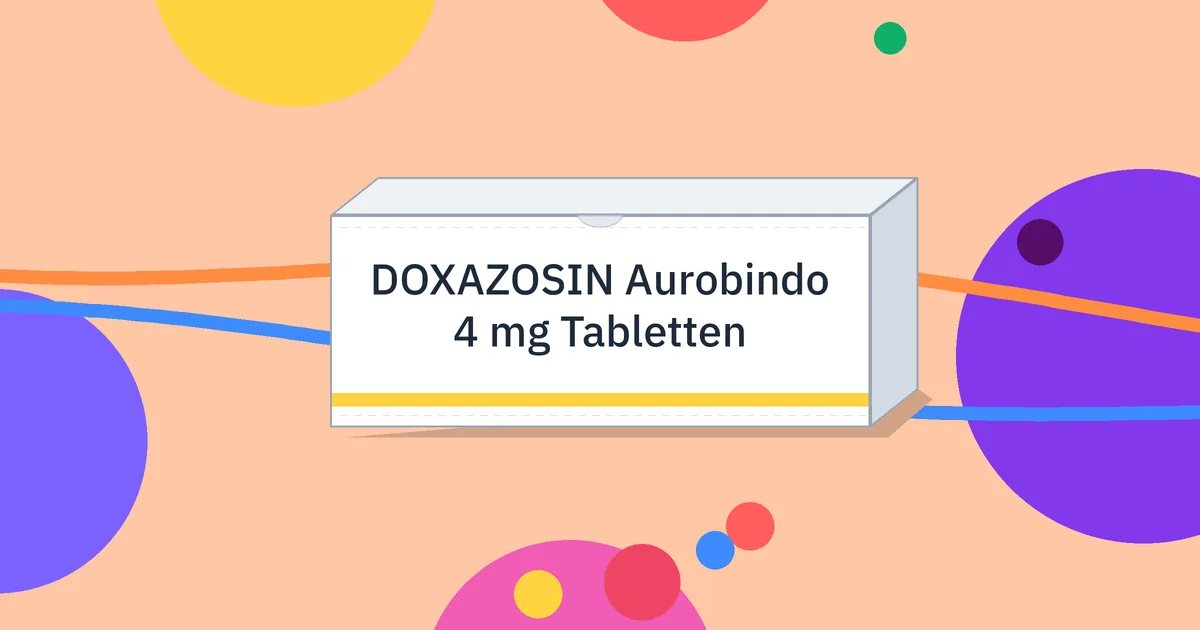 Symbolbild: Packung mit der Aufschrift DOXAZOSIN Aurobindo 4 mg Tabletten (PZN 09673634) – Verfügbarkeit und Bezug in Apotheken in Frankfurt am Main