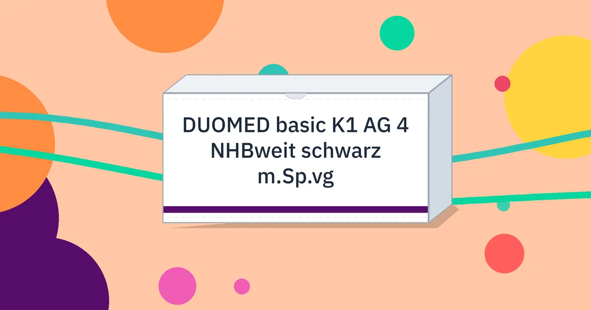 Symbolbild: Packung mit der Aufschrift DUOMED basic K1 AG 4 NHBweit schwarz m.Sp.vg (PZN 20905855) – Verfügbarkeit und Bezug in Apotheken in Frankfurt am Main