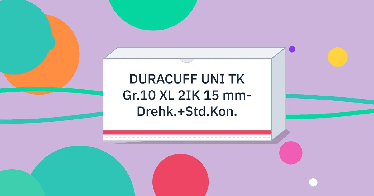 Symbolbild: Packung mit der Aufschrift DURACUFF UNI TK Gr.10 XL 2IK 15 mm-Drehk.+Std.Kon. (PZN 04963439) – Verfügbarkeit und Bezug in Apotheken in Frankfurt am Main