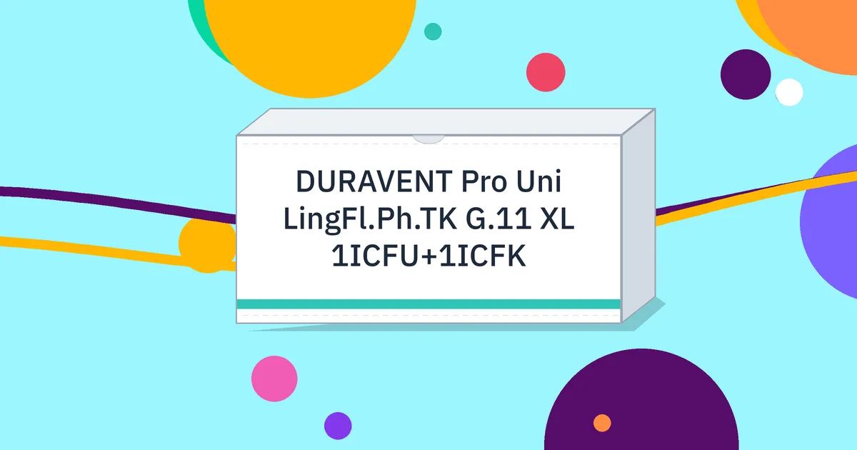Symbolbild: Packung mit der Aufschrift DURAVENT Pro Uni LingFl.Ph.TK G.11 XL 1ICFU+1ICFK (PZN 19273137) – Verfügbarkeit und Bezug in Apotheken in Frankfurt am Main