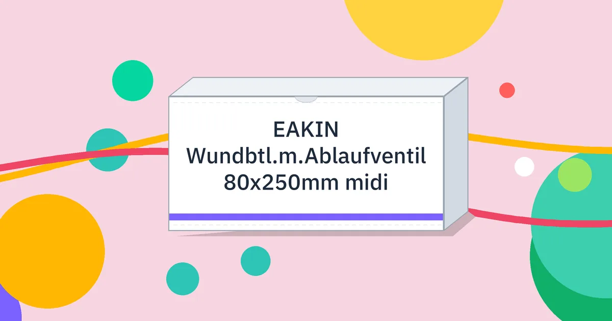 Symbolbild: Packung mit der Aufschrift EAKIN Wundbtl.m.Ablaufventil 80x250mm midi (PZN 11527555) – Verfügbarkeit und Bezug in Apotheken in Frankfurt am Main