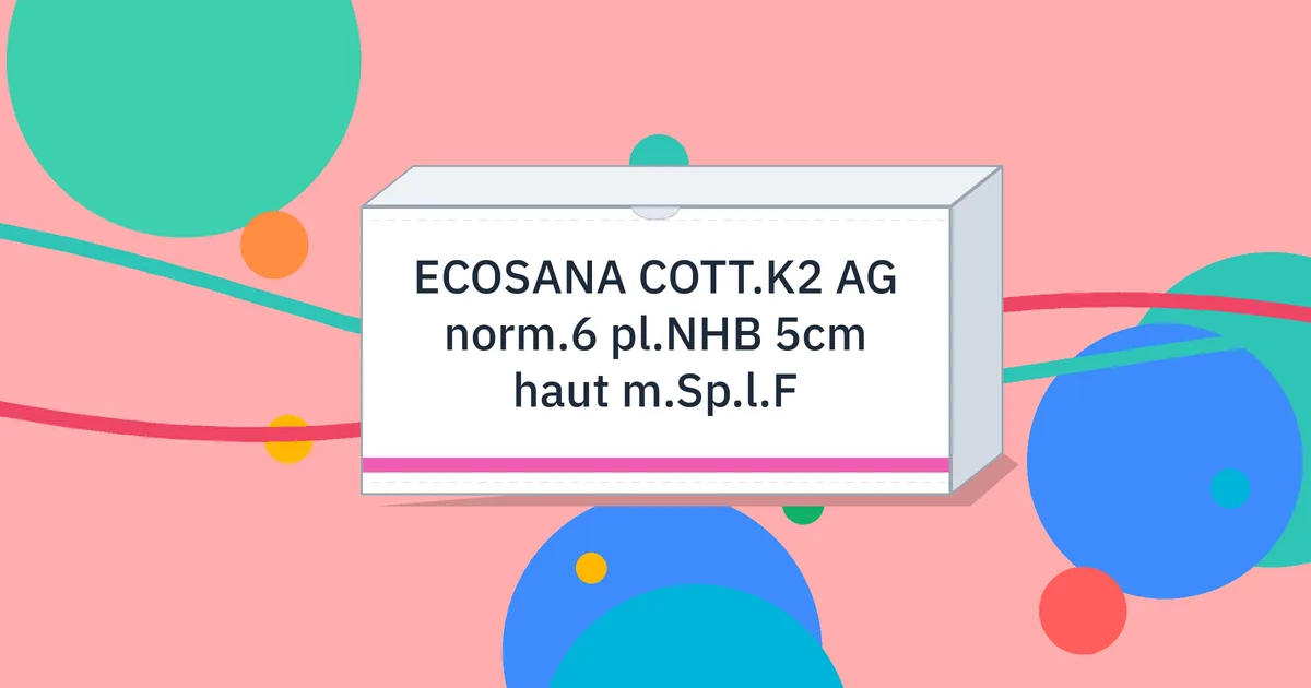 Symbolbild: Packung mit der Aufschrift ECOSANA COTT.K2 AG norm.6 pl.NHB 5cm haut m.Sp.l.F (PZN 16950991) – Verfügbarkeit und Bezug in Apotheken in Frankfurt am Main