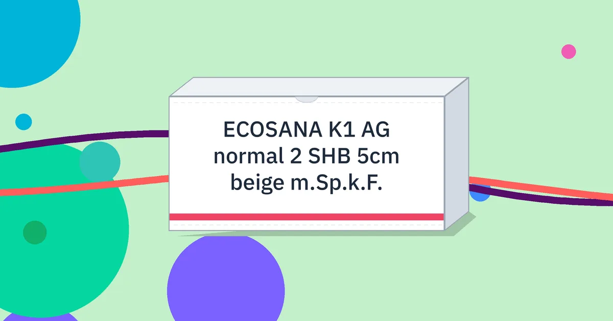 Symbolbild: Packung mit der Aufschrift ECOSANA K1 AG normal 2 SHB 5cm beige m.Sp.k.F. (PZN 04726662) – Verfügbarkeit und Bezug in Apotheken in Frankfurt am Main