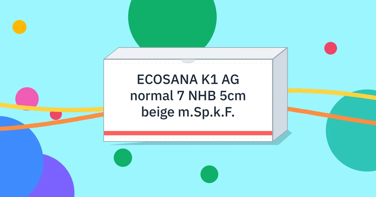 Symbolbild: Packung mit der Aufschrift ECOSANA K1 AG normal 7 NHB 5cm beige m.Sp.k.F. (PZN 04730617) – Verfügbarkeit und Bezug in Apotheken in Frankfurt am Main