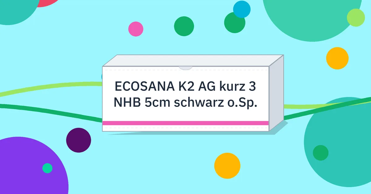 Symbolbild: Packung mit der Aufschrift ECOSANA K2 AG kurz 3 NHB 5cm schwarz o.Sp. (PZN 01408915) – Verfügbarkeit und Bezug in Apotheken in Frankfurt am Main