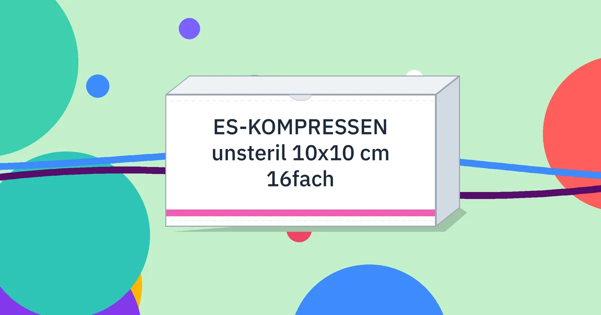 Symbolbild: Packung mit der Aufschrift ES-KOMPRESSEN unsteril 10x10 cm 16fach (PZN 20658109) – Verfügbarkeit und Bezug in Apotheken in Frankfurt am Main