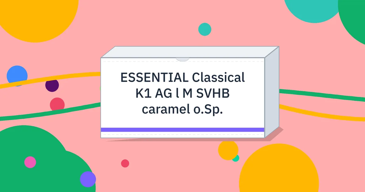Symbolbild: Packung mit der Aufschrift ESSENTIAL Classical K1 AG l M SVHB caramel o.Sp. (PZN 18420079) – Verfügbarkeit und Bezug in Apotheken in Frankfurt am Main