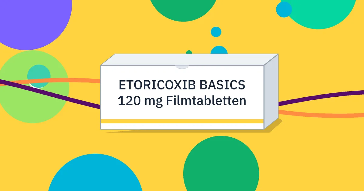 Symbolbild: Packung mit der Aufschrift ETORICOXIB BASICS 120 mg Filmtabletten (PZN 13153188) – Verfügbarkeit und Bezug in Apotheken in Frankfurt am Main