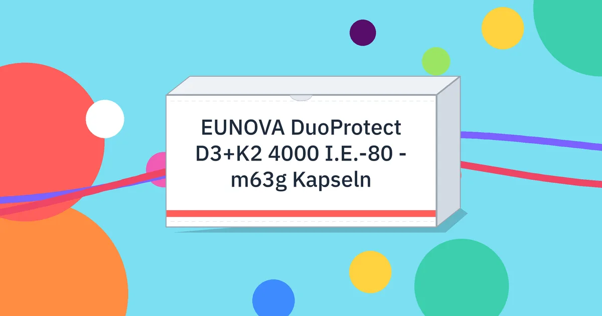 Symbolbild: Packung mit der Aufschrift EUNOVA DuoProtect D3+K2 4000 I.E.-80 -m63g Kapseln (PZN 14133561) – Verfügbarkeit und Bezug in Apotheken in Frankfurt am Main
