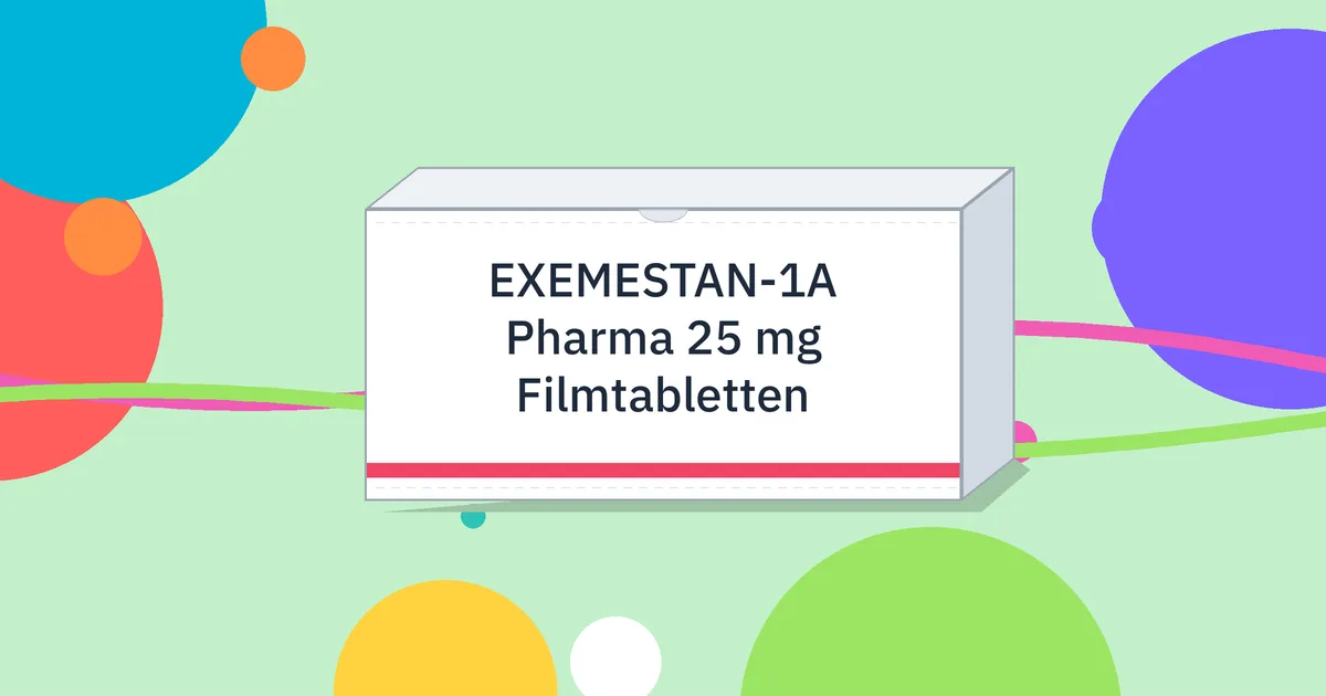 Symbolbild: Packung mit der Aufschrift EXEMESTAN-1A Pharma 25 mg Filmtabletten (PZN 09542458) – Verfügbarkeit und Bezug in Apotheken in Frankfurt am Main