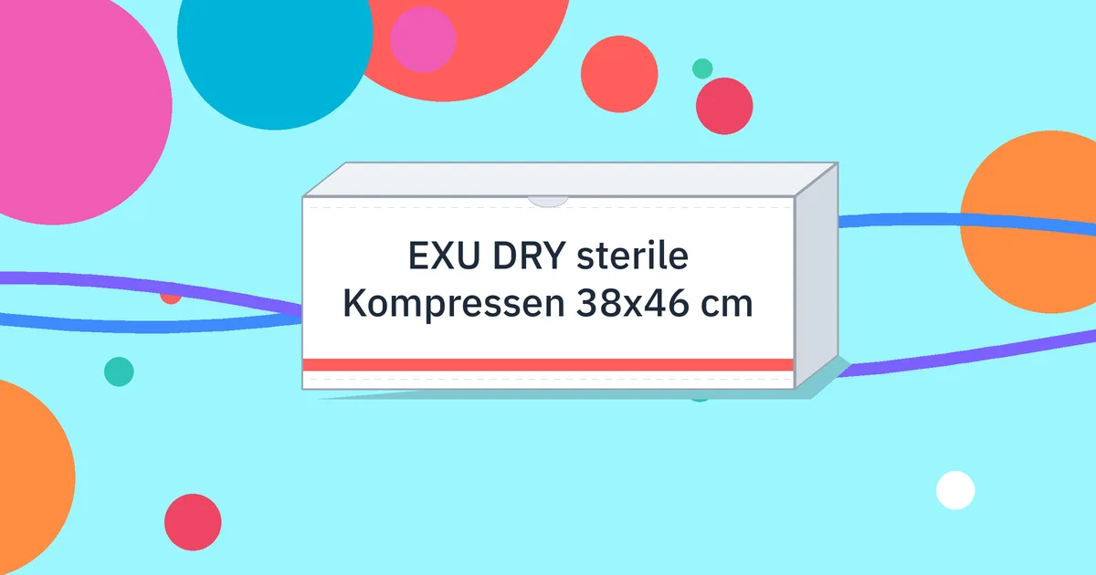 Symbolbild: Packung mit der Aufschrift EXU DRY sterile Kompressen 38x46 cm (PZN 01094026) – Verfügbarkeit und Bezug in Apotheken in Frankfurt am Main