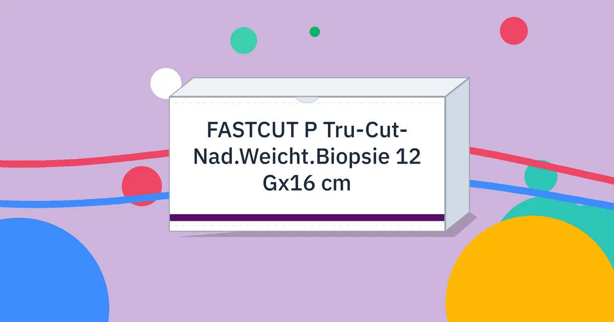 Symbolbild: Packung mit der Aufschrift FASTCUT P Tru-Cut-Nad.Weicht.Biopsie 12 Gx16 cm (PZN 19734704) – Verfügbarkeit und Bezug in Apotheken in Frankfurt am Main