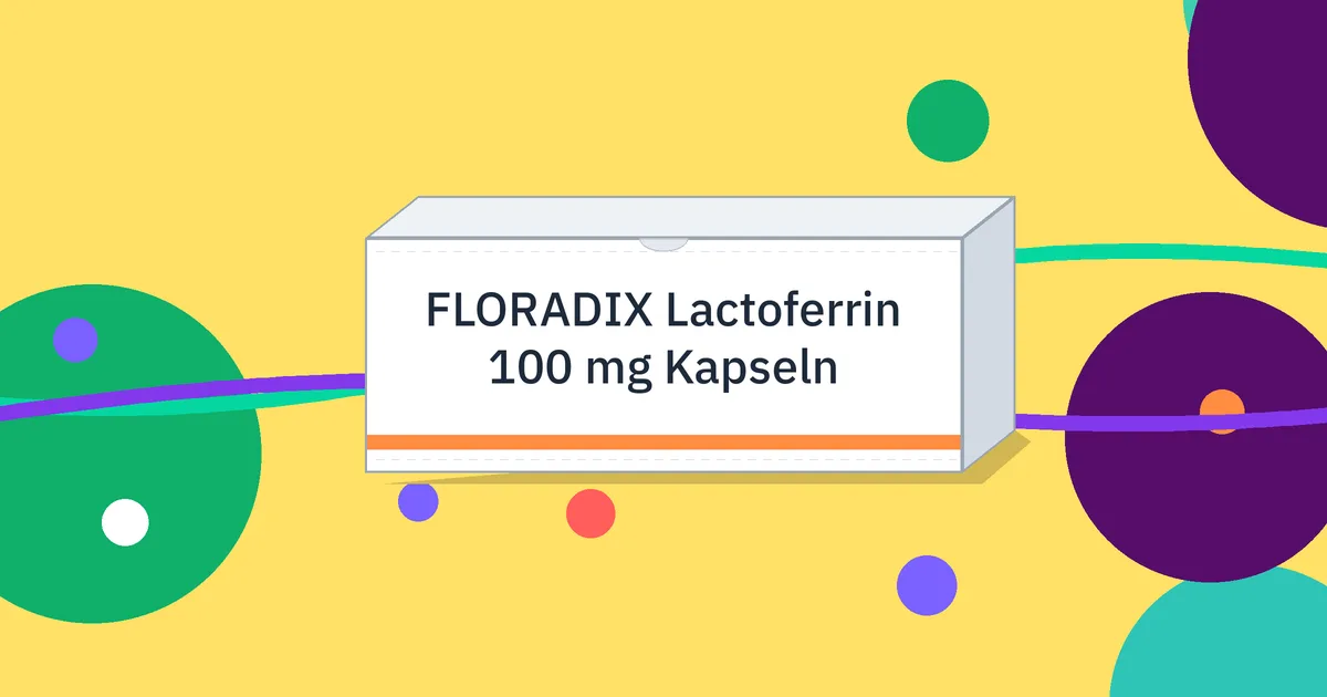 Symbolbild: Packung mit der Aufschrift FLORADIX Lactoferrin 100 mg Kapseln (PZN 13501376) – Verfügbarkeit und Bezug in Apotheken in Frankfurt am Main