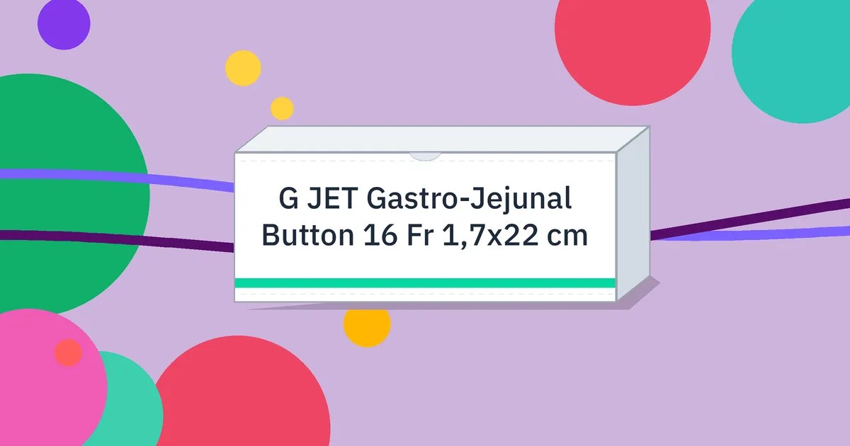 Symbolbild: Packung mit der Aufschrift G JET Gastro-Jejunal Button 16 Fr 1,7x22 cm (PZN 14346825) – Verfügbarkeit und Bezug in Apotheken in Frankfurt am Main