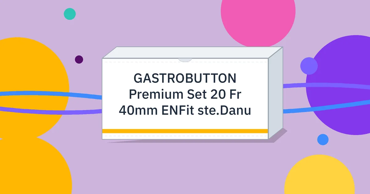 Symbolbild: Packung mit der Aufschrift GASTROBUTTON Premium Set 20 Fr 40mm ENFit ste.Danu (PZN 16884024) – Verfügbarkeit und Bezug in Apotheken in Frankfurt am Main