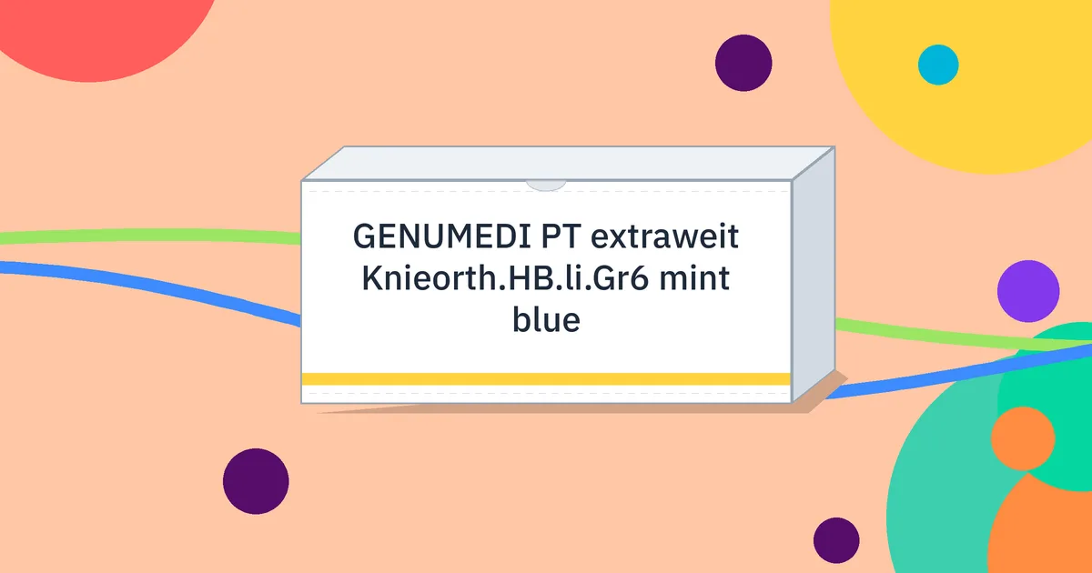 Symbolbild: Packung mit der Aufschrift GENUMEDI PT extraweit Knieorth.HB.li.Gr6 mint blue (PZN 17982674) – Verfügbarkeit und Bezug in Apotheken in Frankfurt am Main