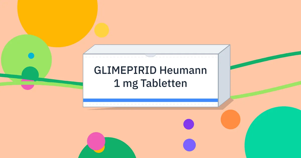 Symbolbild: Packung mit der Aufschrift GLIMEPIRID Heumann 1 mg Tabletten (PZN 04378793) – Verfügbarkeit und Bezug in Apotheken in Frankfurt am Main