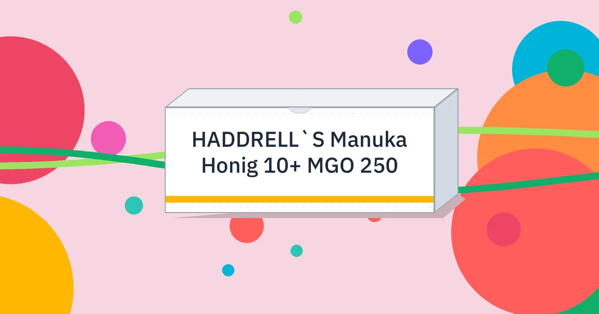 Symbolbild: Packung mit der Aufschrift HADDRELL`S Manuka Honig 10+ MGO 250 (PZN 15814837) – Verfügbarkeit und Bezug in Apotheken in Frankfurt am Main